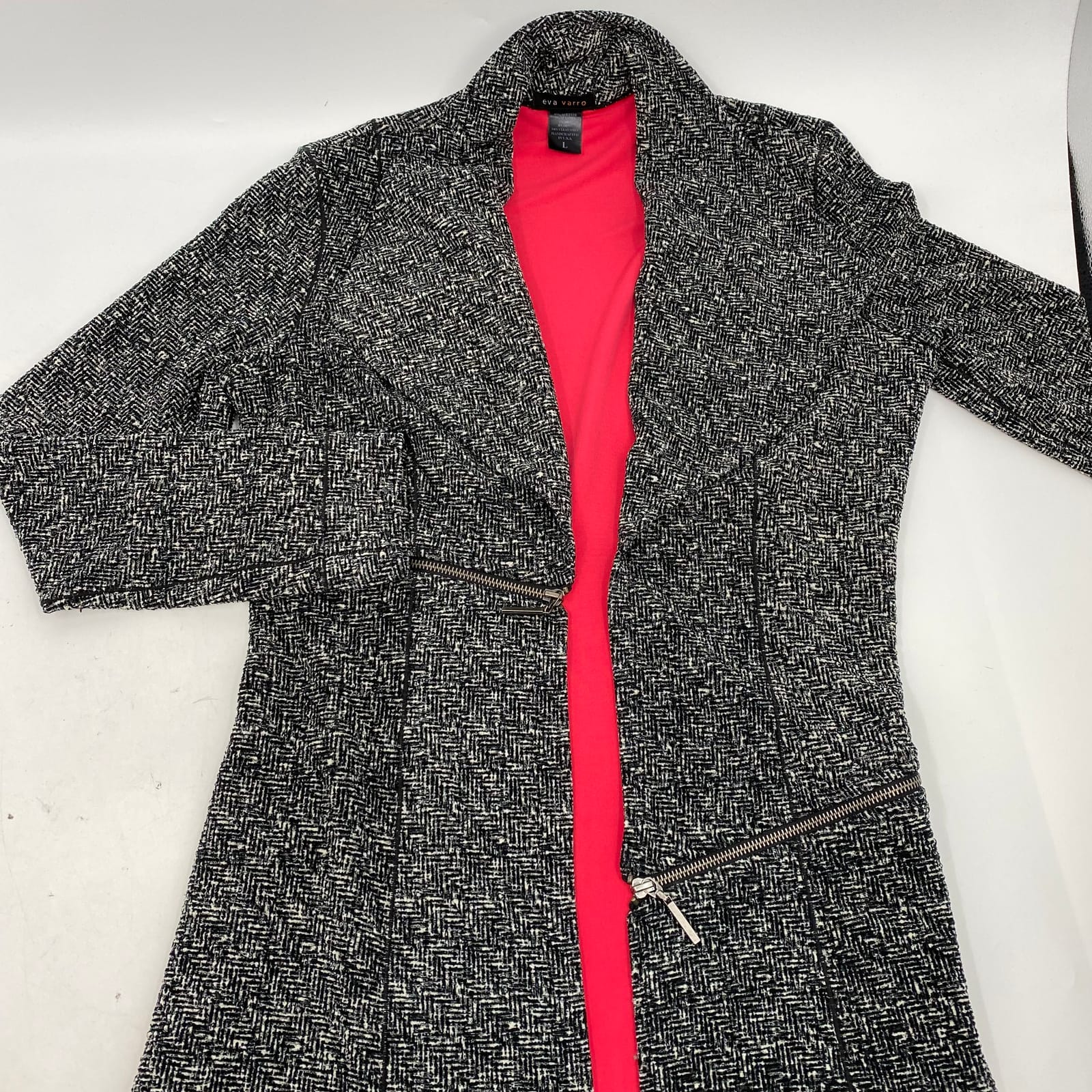 Eva Varro Black & White Zipper Accent Duster Jacket Eva Varro Black ...