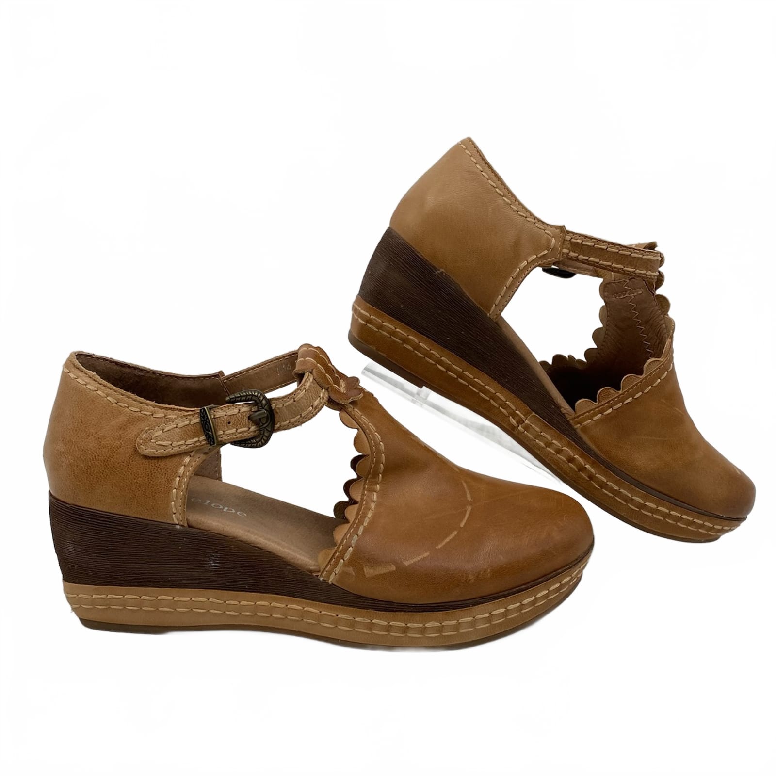Antelope Brown Leather Scalloped Edge Wedges Antelope Brown Leather ...