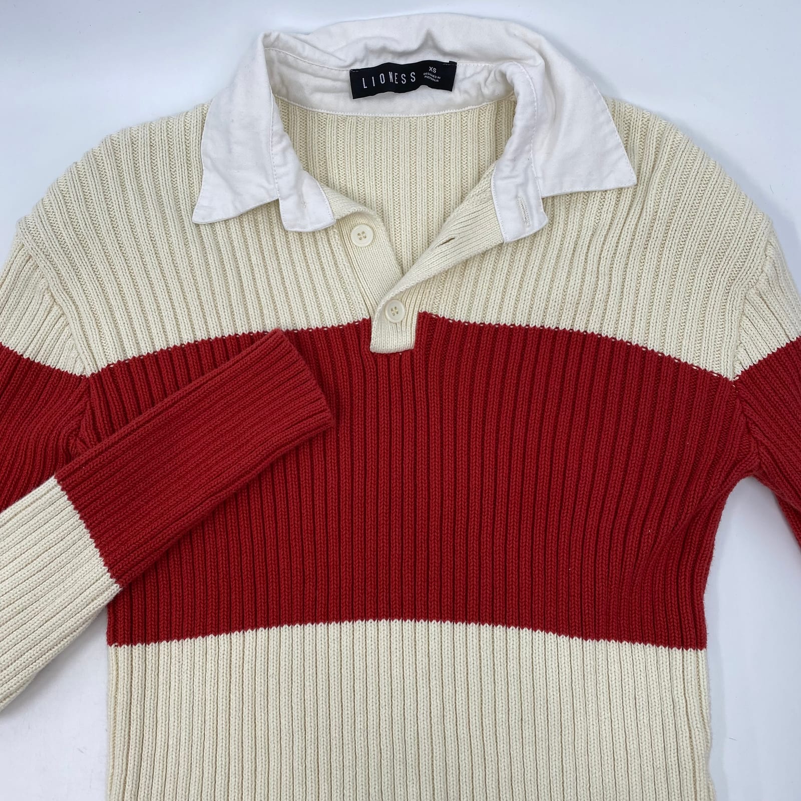 Lioness Cream Red Ribbed Collared Knit Sweater Lioness Cream Red Ribbed ...