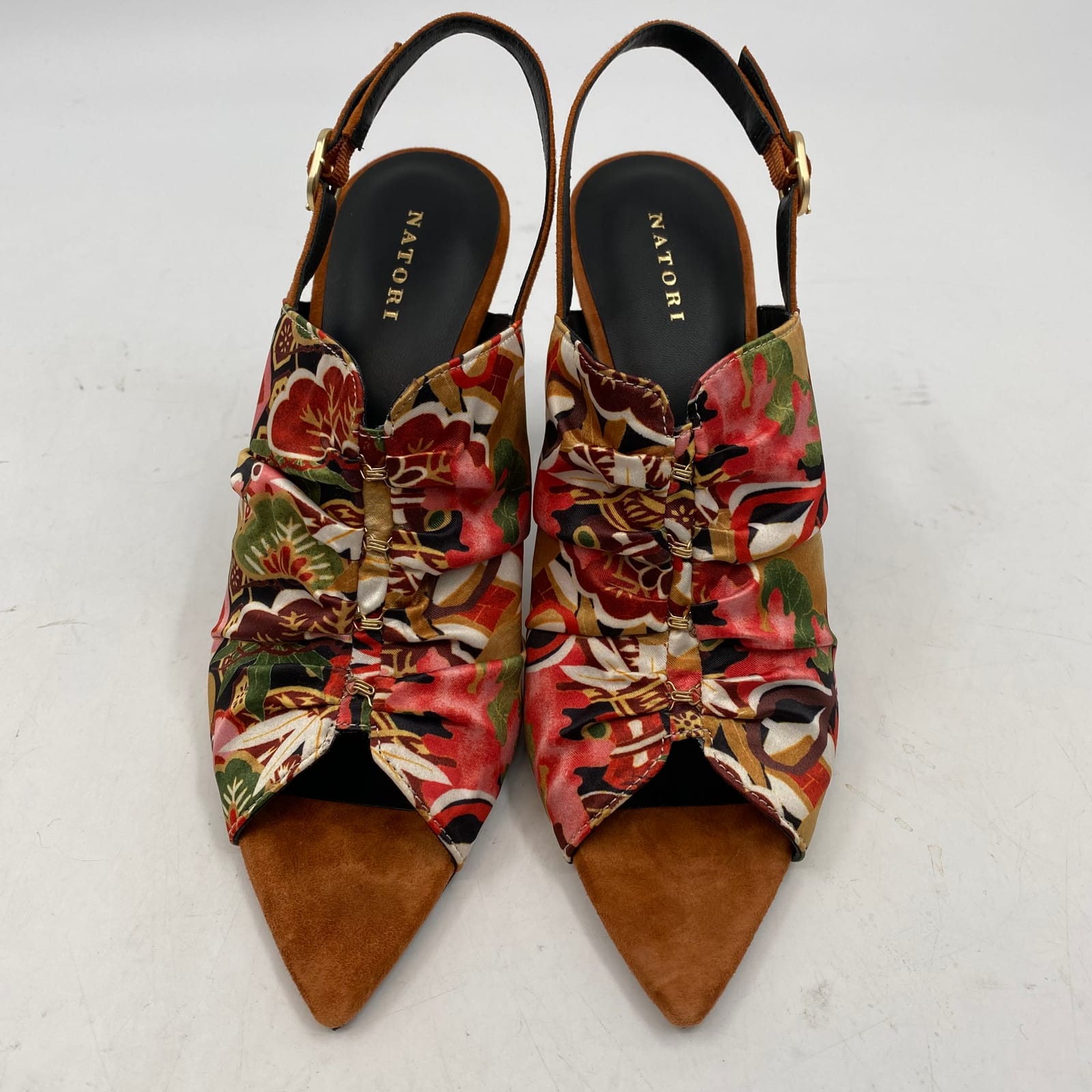 Natori Brown Red Patterned Slingback Peep Toe Heels Natori Brown Red ...