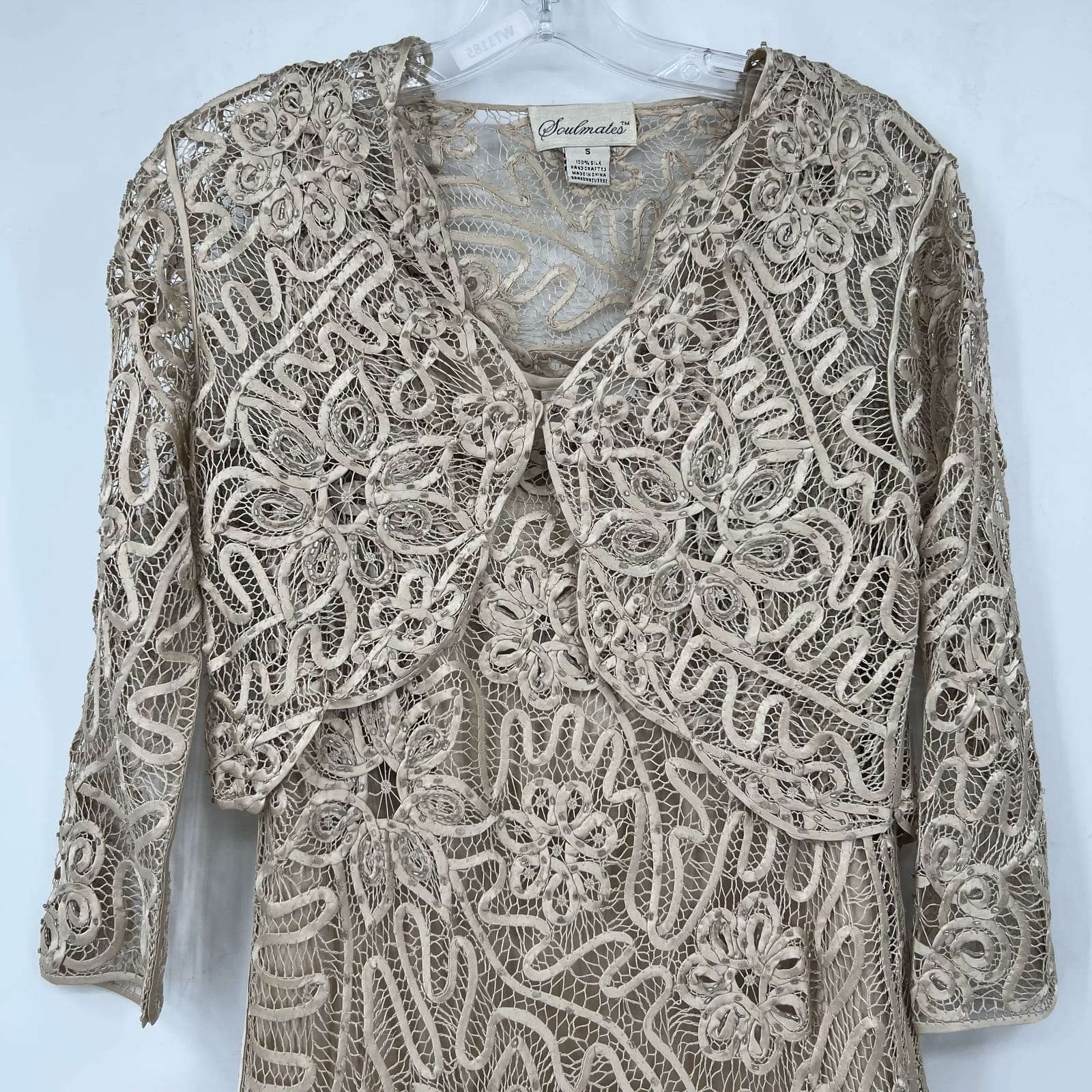 Soulmates Tan Silk Beaded Dress Soulmates Tan Silk Beaded Dress Size S ...