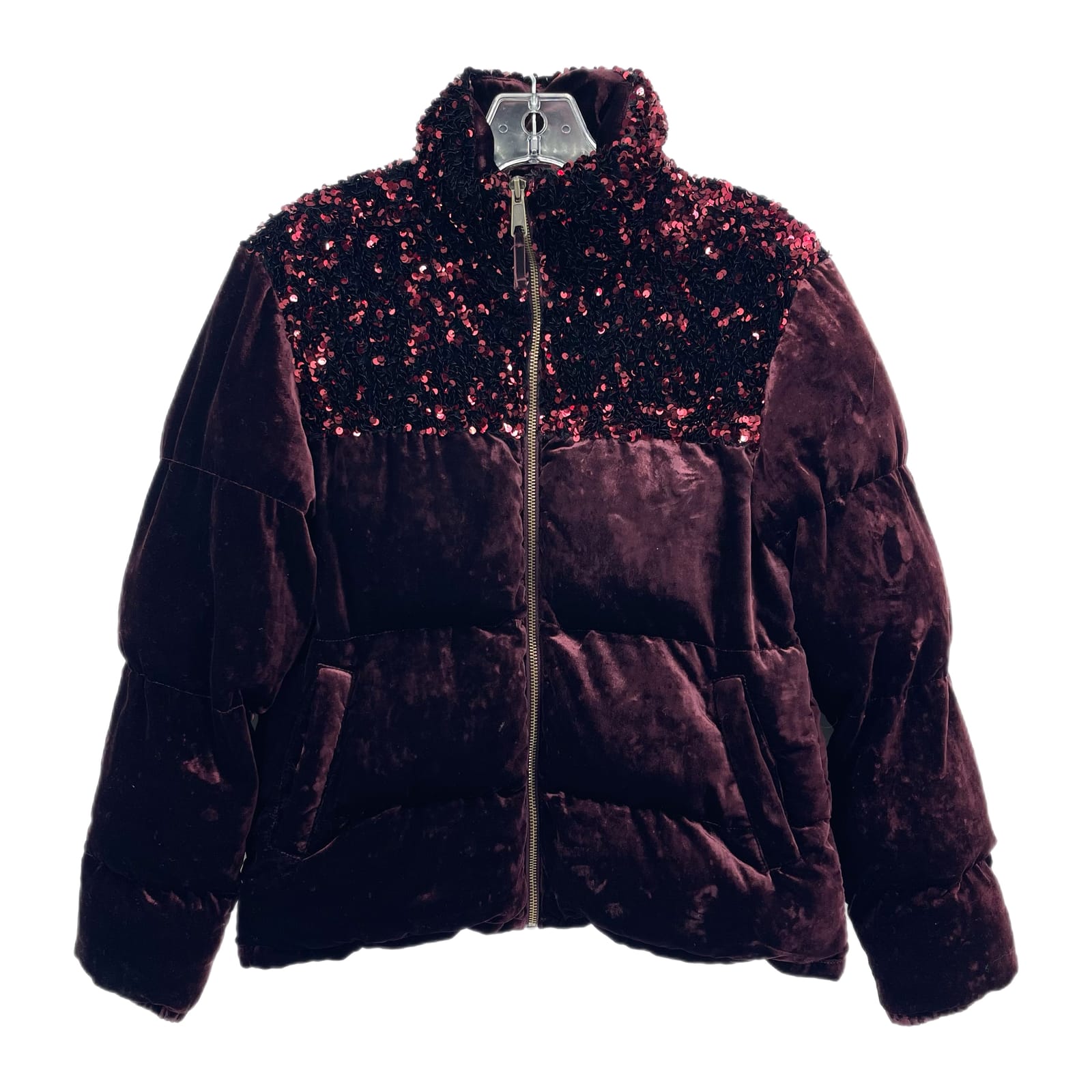 Maeve Maroon Velvet Sequin Puffer Jacket Maeve Maroon Velvet Sequin ...