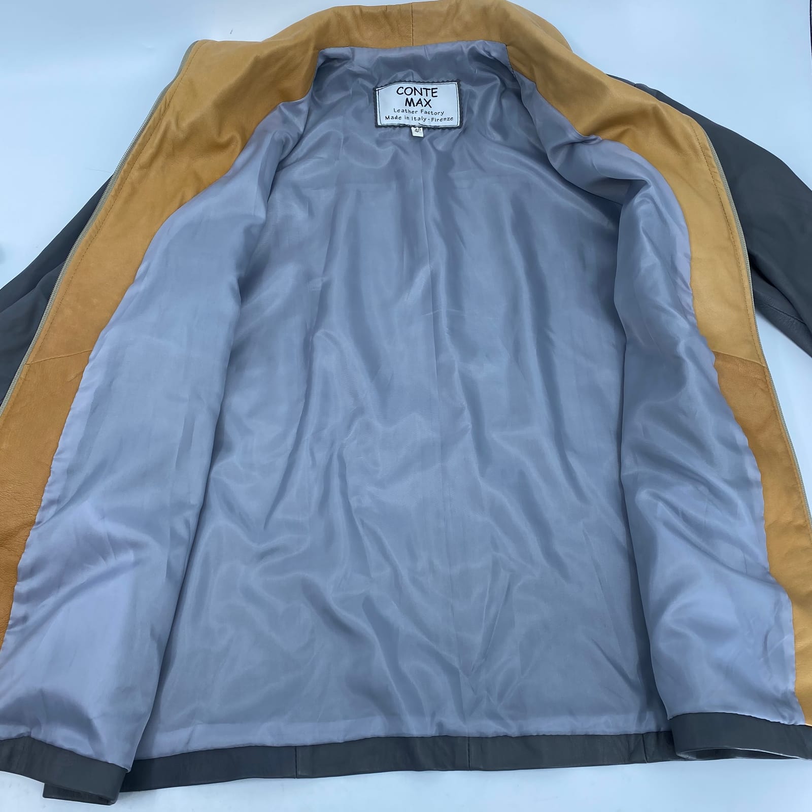 Conte Max Gray Tan Leather Zip-Up Jacket Conte Max Gray Tan Leather Zip ...